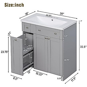 P PURLOVE 30" Bathroom Vanity with Single Sink and Soft Close Doors, Modern Bathroom Cabinet with Adjustable Storage Shelf and Drawers, Solid Wood Frame, Grey