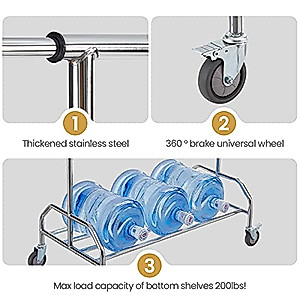 LiaMeE Heavy Duty Clothing Racks for Hanging Clothes, Adjustable Rolling Commercial Garment Rail on Wheels, Free Standing Standard Rod & Shelf for Wardrobe Organization, Chrome Plated