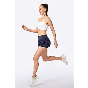 Women's 2 in 1 Running Shorts High Waisted Spandex Shorts Gym Yoga Workout Athletic Shorts for Women with Zipper Pockets Navy Blue M