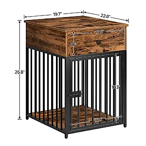 HOOBRO Dog Crate Furniture, Wooden Dog House, Decorative Dog Kennel with Drawer, Indoor Pet Crate End Table for Small Dog, Steel-Tube Dog Cage, Chew-Proof, Rustic Brown and Black BF01GW03