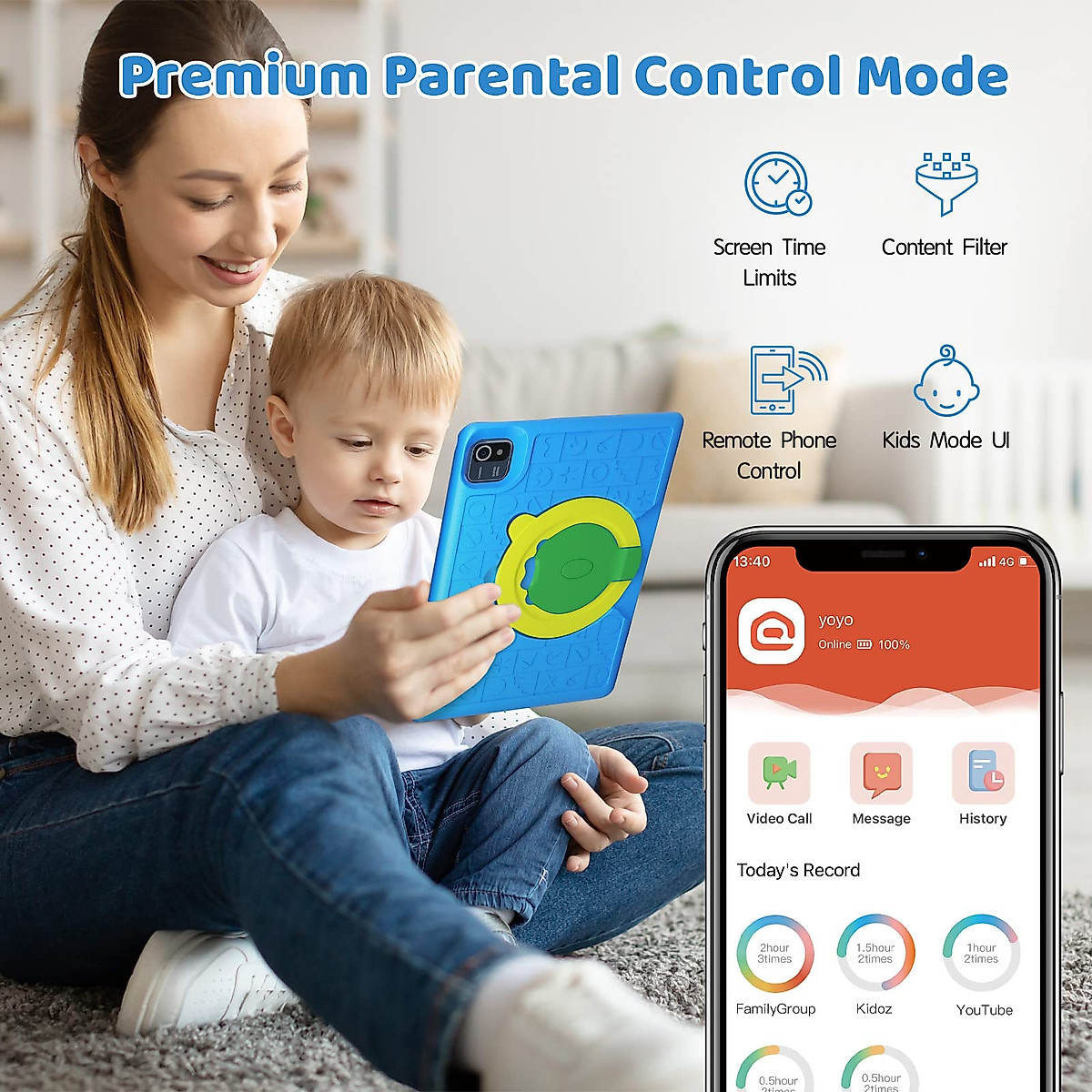 HotLight Kids Tablet, 10 inch Tablet for Kids with Parental Control, Android 12 Tablet Quad-core, 2GB RAM+32GB ROM, 5000mAh, Dual Camera, WiFi Tablet with Case Blue