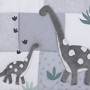 NoJo Baby-Saurus Gray, White, and Green Triceratops, Brontosaurus, and Tyrannosaurus Dinosaurs with Mountains and Leaves 4 Piece Nursery Crib Bedding Set - Comforter, 100% Cotton Fitted Crib Sheet, Crib Skirt, and Storage