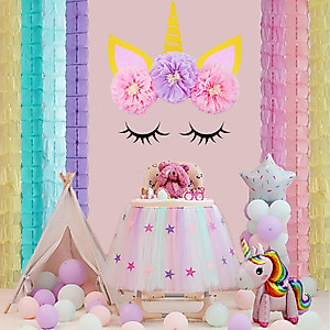 Four Leaf Tissue Paper Garland with Tissue Pom Poms Flowers Streamer Backdrop for Birthday Party Decorations, 24 Pack