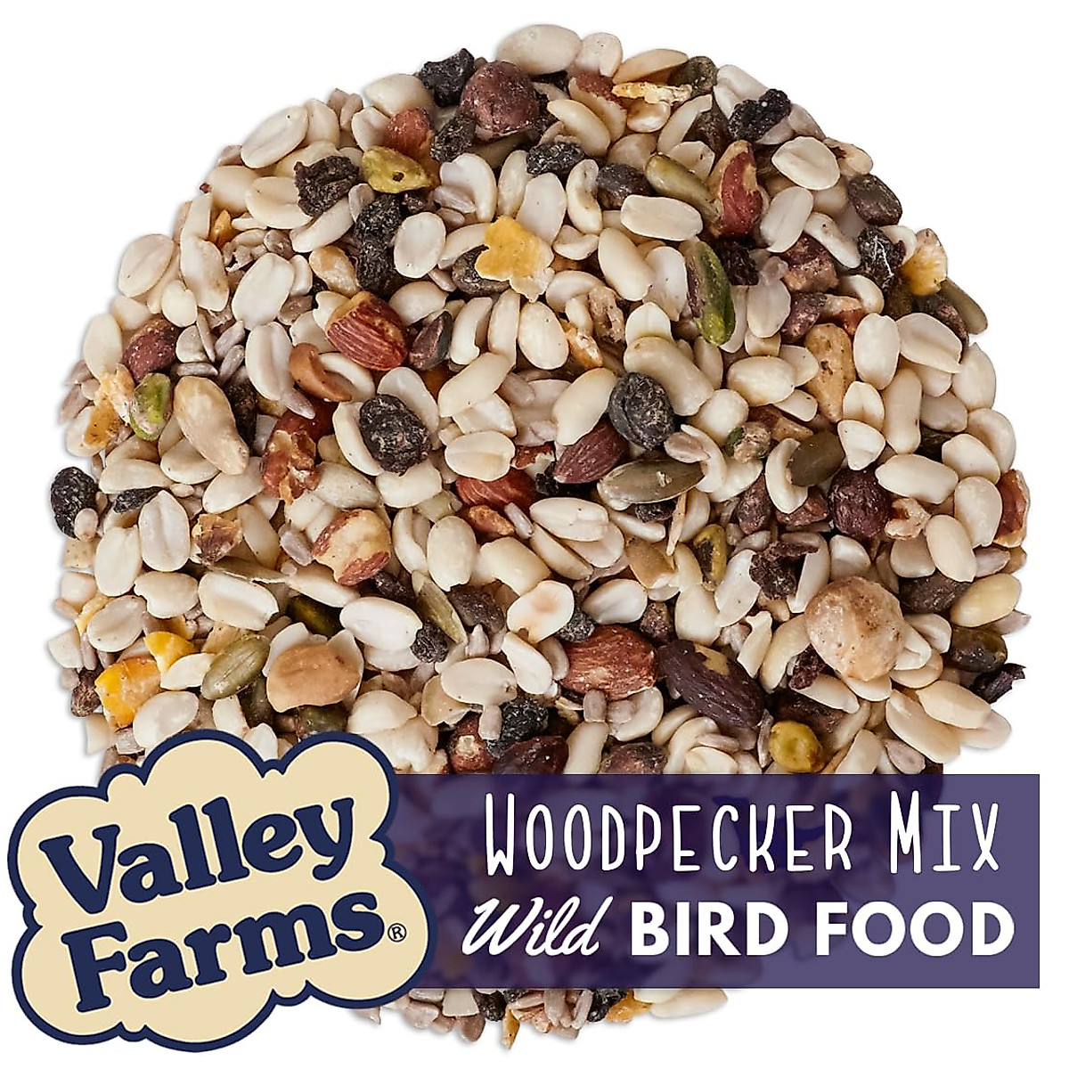 Valley Farms Woodpecker Mix Wild Bird Food, No Mess Bird Seed for Outdoor Feeders, W/Peanuts and Sunflower Hearts for Birds, Woodpecker Food, Attract All Bird Species (4 LBS)