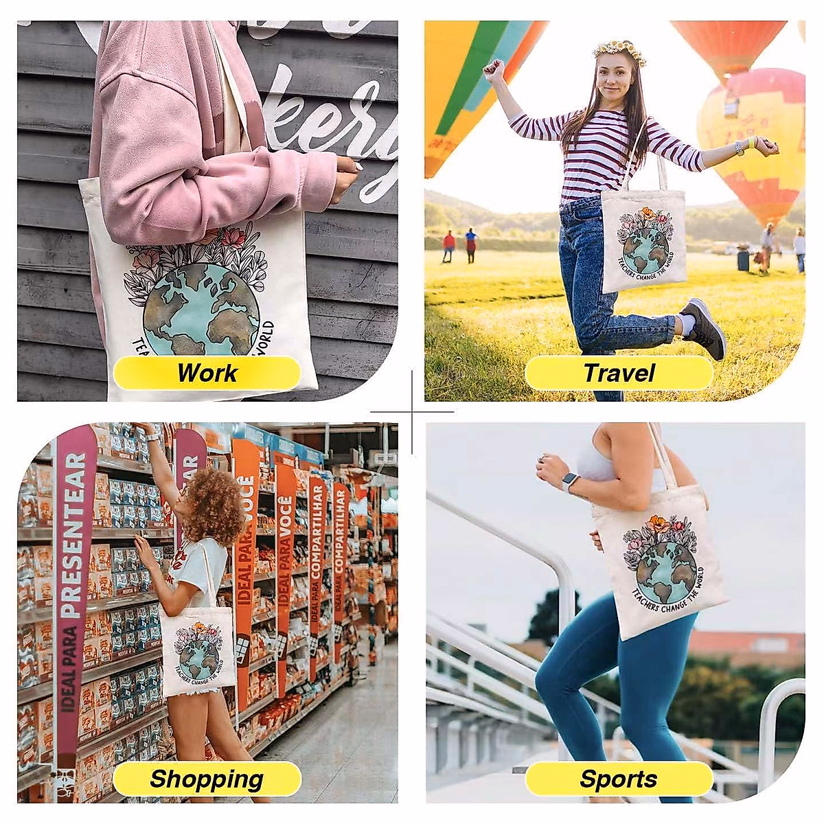 Earth and Flowers Canvas Tote Bag - Teacher Gifts for Women, Cute and Durable Shoulder Bag for Daily Use, Ideal for Beach Trips, Grocery Shopping, and Teacher Appreciation Gifts