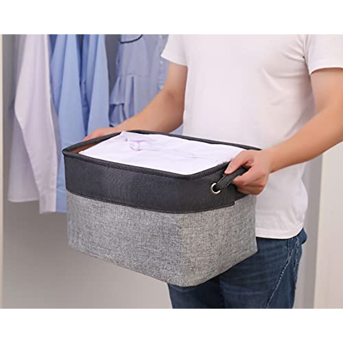 MAQIAO 3 Pack Collapsible Storage Bin Foldable Canvas Fabric Storage Basket Cube Box, Sturdy Organizer with Handles for Home, Office, Nursery, Closet Shelves (Black and Grey)