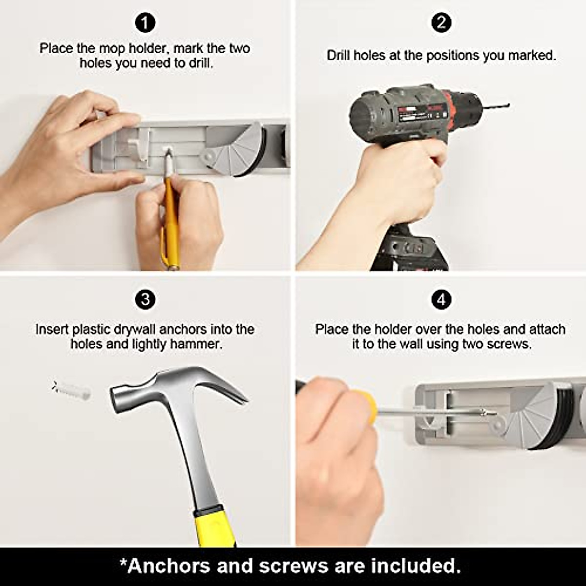 windson Mop Broom Holder Wall Mount-Adjustable Mop Broom Closet Organizer Racks for Kitchen, Garage, Home Tools Storage(3 Slots with 4 Hooks)