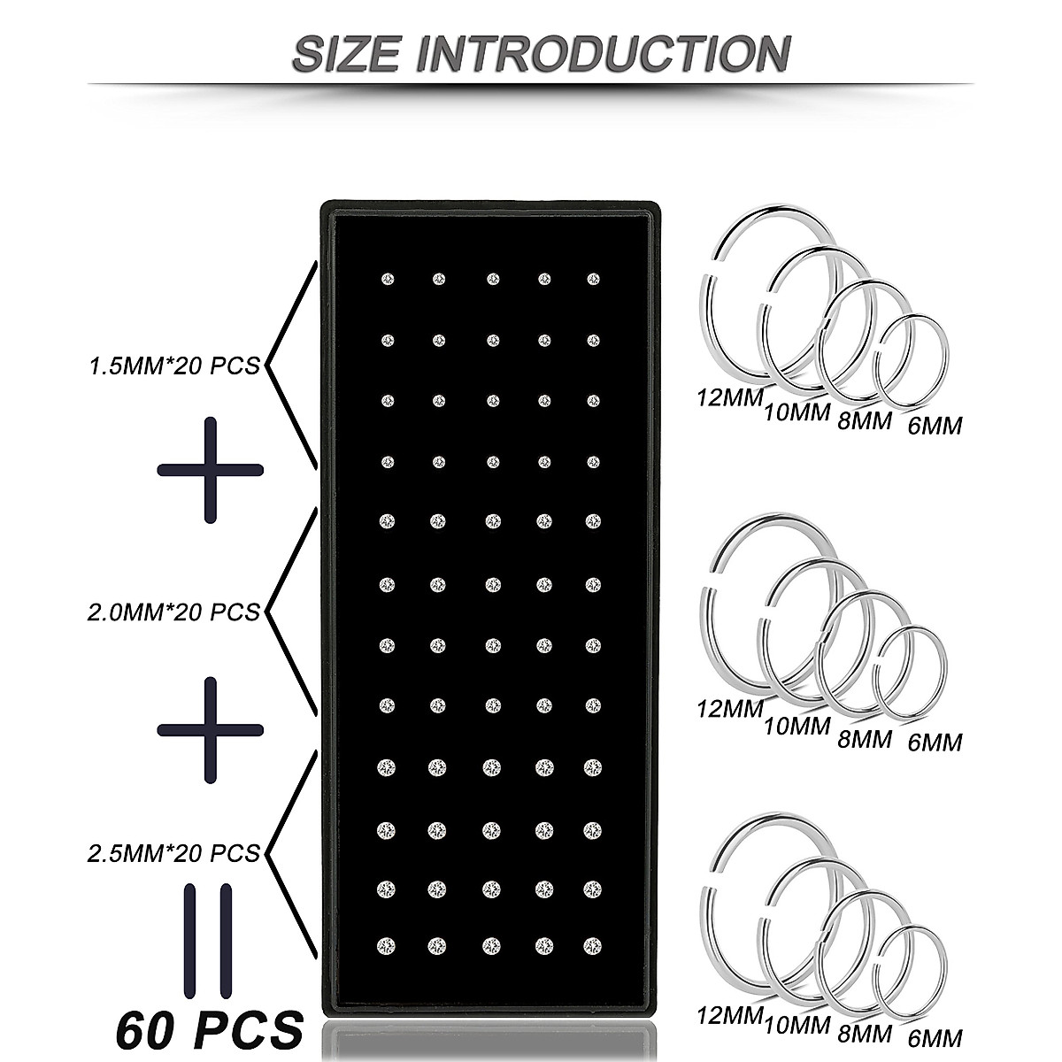 YOVORO 22G 72PCS 316L Stainless Steel Nose Studs Rings Cartilage Hoop Ear Piercing Body Jewelry 1.5MM 2MM 2.5MM W