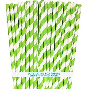 Stripe Paper Straws - Lime Green White - 7.75 Inches - Pack of 100 - Outside the Box Papers Brand