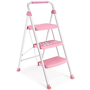 SocTone 3 Step Ladder, Folding Step Stool with Handle, Wide Anti-Slip Pedal, Lightweight, Multi-Use for Household and Office, 500lbs Capacity Sturdy Steel Ladder, PINK