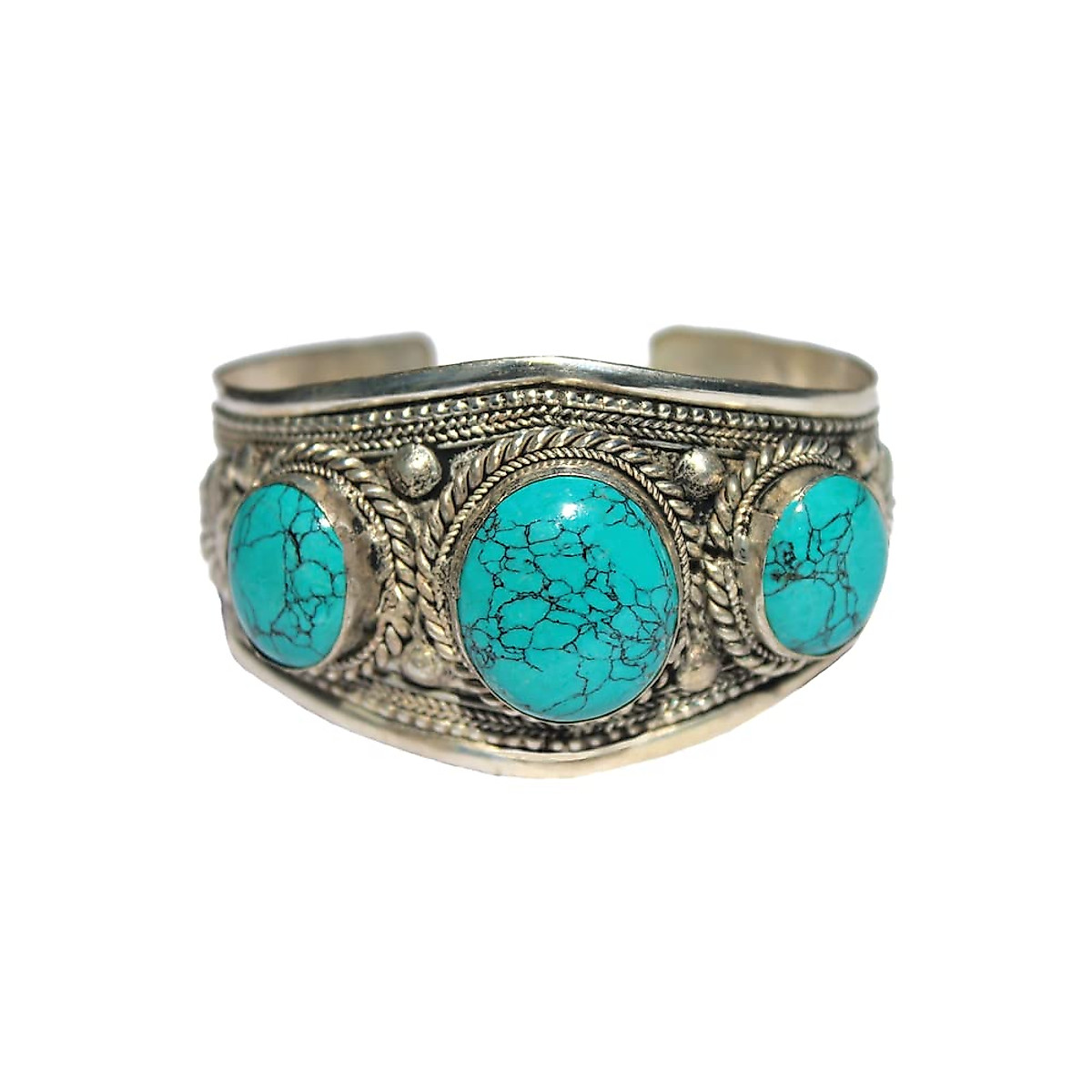 3 Stone Blue Stabilized-Turquoise Adjustable Cuff Bracelet | Ornate Boho Jewelry for Men & Women