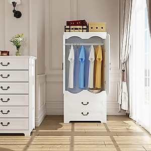 Janmer Home Armoire Wardrobe Closet with 2 Drawers, Tall Wooden Wardrobe Closet with 2 Doors and Hanging Rail, Free Standing White Armoire for Bedroom (Retro, White)