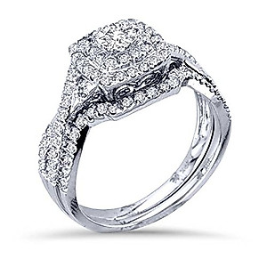 10k White Gold 1 1/10Ct TW Round-Cut Natural Diamond Engagemement Ring Cushion Double Halo Matching Wedding Band Anniversary Prong Set Band