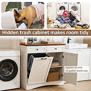 Spurgehom 13 Gallon Tilt Out Trash Cabinet Kitchen Waste Bins, Laundry Hamper Tilt Out Pet Proof Hidden Trash Bin for Kitchen Living Room, Antique White