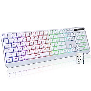 Klim Chroma Wireless Gaming Keyboard RGB - Long-Lasting Rechargeable Battery - Quick and Quiet Typing - Water Resistant Backlit Wireless Keyboard for PC PS5 PS4 Xbox One Mac - White (Renewed)