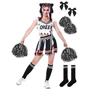Xtinmee Halloween Zombie Cheerleader Costume for Women Girls Scary Cheerless Bloody Dress Pom Poms Hair Ropes Striped Socks (XL)