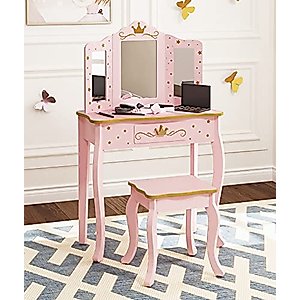 UTEX Pretend Play Kids Vanity Table and Chair Vanity Set with Mirror Makeup Dressing Table with Drawer，Play Vanity Set,Pink