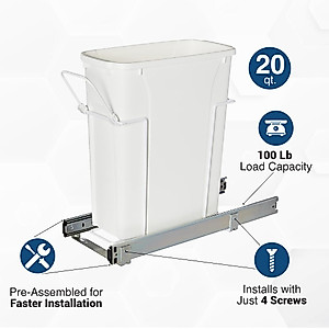 Knape & Vogt RS-PSW9-1-20-W 17 in. H x 8 in. W x D Steel in-Cabinet 20 Qt. Single White Pull Out Trash Can