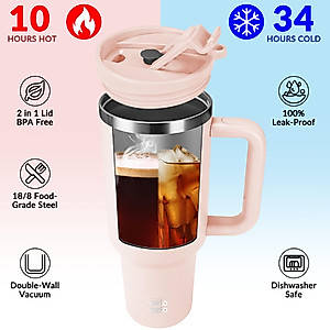 WETOWETO 40oz Tumbler with Handle and Lid | 100% Leakproof Insulated Stainless Steel Travel Mug | Keeps Cold 34Hrs/Hot 10Hrs | Dishwasher Safe, Fits Car Cup Holder (Rose Quartz Color)
