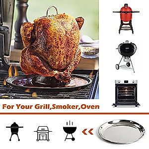 14 In Stainless Steel Roasting Pan, Stainless Steel Heavy Duty Kitchenware Round Roaster Pan Large XLarge Big Green Egg Drip Pan for Turkey Baking,Roast Chicken,Brushed Surface & Dishwasher Safe