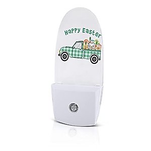 Plug-in LED Night Light with Auto Light Sensor - Popsicle Shape Nightlight Baby Night Lights for Hallway Bedroom Kids Room - Happy Eater Green Plaid Truck with Eater Egg and Rabbit