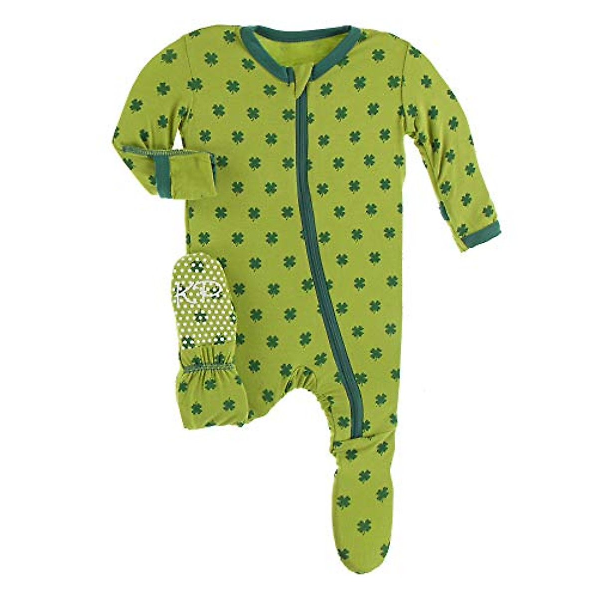 KicKee Pants Footie with Zipper in St. Patrick’s Day Themed Clovers, One Piece Boy or Girl Baby Clothes, Sleepwear for Babies and Kids (Meadow Clover - 0-3 Months)