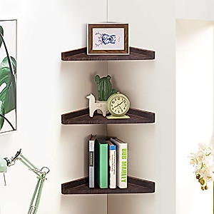 Wood Corner Floating Shelves Wall-Mounted - Set of 3 Corner Shelves with Hooks, Rustic Wall Storage Display Shelf for Bathroom, Floating Shelves for Bedroom, Kitchen, Office, Brown