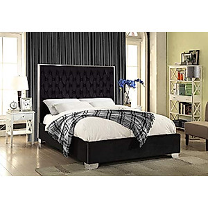 Meridian Furniture Lexi Collection Modern | Contemporary Velvet Upholstered Bed with Deep Tufting, Polished Chrome Stainless Steel Frame and Legs, Queen, Black