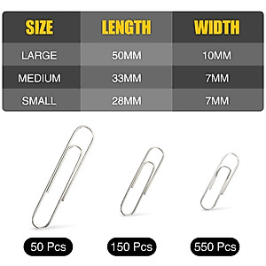 Kempshott 750 Paper Clips Assorted Sizes Small, Medium and Large Paper Clips for Paperwork Ideal for Home, School and Office Use (Assorted, Silver)