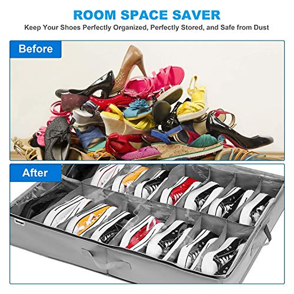 INAYA Under Bed Shoe Storage Organizer Set of 2, Fits 32 Pairs, Underbed Shoe Box Storage Containers Adjustable Dividers w/Bottom Support Velcro, Clear Foldable Shoes Storage w/Reinforced Handles