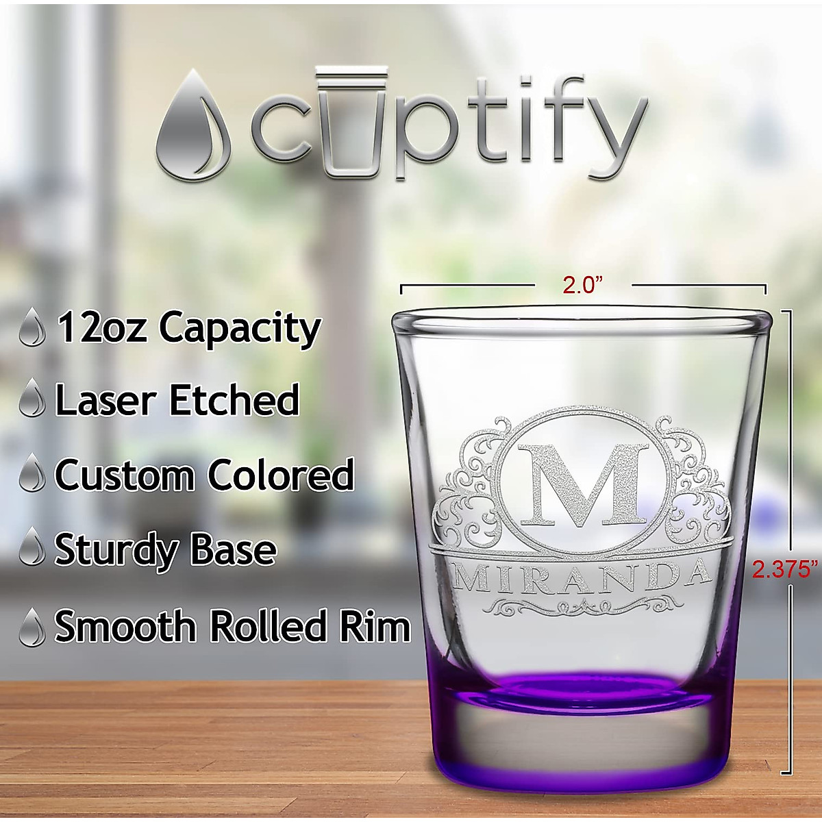 Custom Shot Glass Elaborate Circle Name 2oz Purple Bottom Etched with Personalized Text for Gifts, Weddings, Birthdays, Party, Event, Decorations