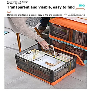 Plastic Collapsible Storage Bins,Stackable Lidded Storage Bins Durable Thick Folding Utility Crates Clear Containers,Storage Cubes Bins Organizer for Wardrobe Closet Groceries-Orange 54l(19.4x14.3x11.