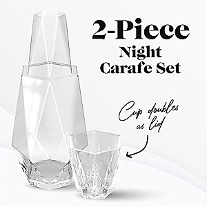 Fifth Avenue Crystal Modern Geometric Bedside Water Carafe with Tumbler- Elegant Pitcher and Matching Drinking Glass Doubles As Lid for Guest Room, Office (Clear)