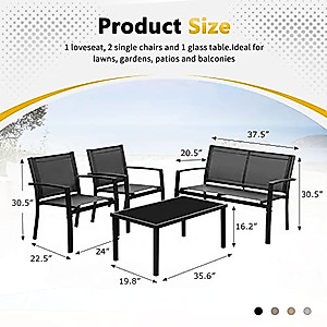 Rankok 4 Pieces Patio Furniture Set Modern Patio Conversation Sets Textilene Outdoor Furniture Patio Chairs Set of 4 with Loveseat Coffee Table for Porch Lawn Pool and Balcony (Black)