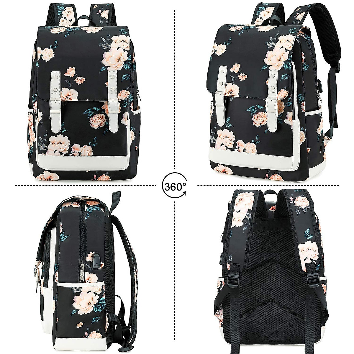 LEDAOU School Backpack for Teen Girls Laptop Backpacks 15.6 inch Floral Daypack Women Bookbag School Bag for College Travel (Floral Black)