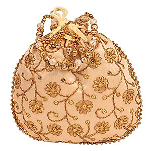 Indtresor beaded handcrafted embroidered evening purse drawstring handbag vintage party wedding gift for women. Golden