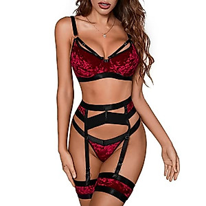 Kaei&Shi Garter Belt Thong Lingerie for Women,Strappy Hollow Out Sexy Lingerie,Underwire Mesh Sheer Matching 4 Piece Lingerie Set Valentine Day Red Velvet Medium