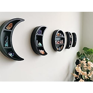 EOKI 5 Pieces 12.2" Moon Phase Shelf Set - Phases of The Moon Wall Decor - Crescent Moon Shelf for Crystals - Moon Phase Wall Decor Crystal Shelf Display - Above Bed Wall Decor Bedroom Storage (Black)