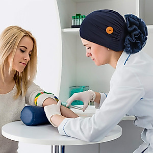 3 Pieces Bouffant Cap with Buttons Elastic Soft Flower Stretch Head Wraps for Nurses (Black, Gray, Navy Blue)