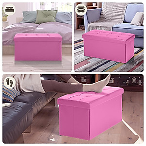 COSYLAND Ottoman Bench with Storage large - 30x15x15in folding Leather Ottoman, Rectangle Foot Stool Foldable Storage Chest Ottoman Footrest Footstool Collapsible with Lid for Bedroom Living Room Pink