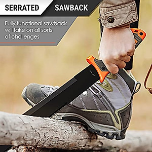 18.5-Inch Serrated Blade Machete with Nylon Sheath - Saw Blade Machetes with Non-Slip Rubber Handle - Best Brush Clearing Tool Machete for Cutting Trees and Yard Work - Survival E-Book Included 13153