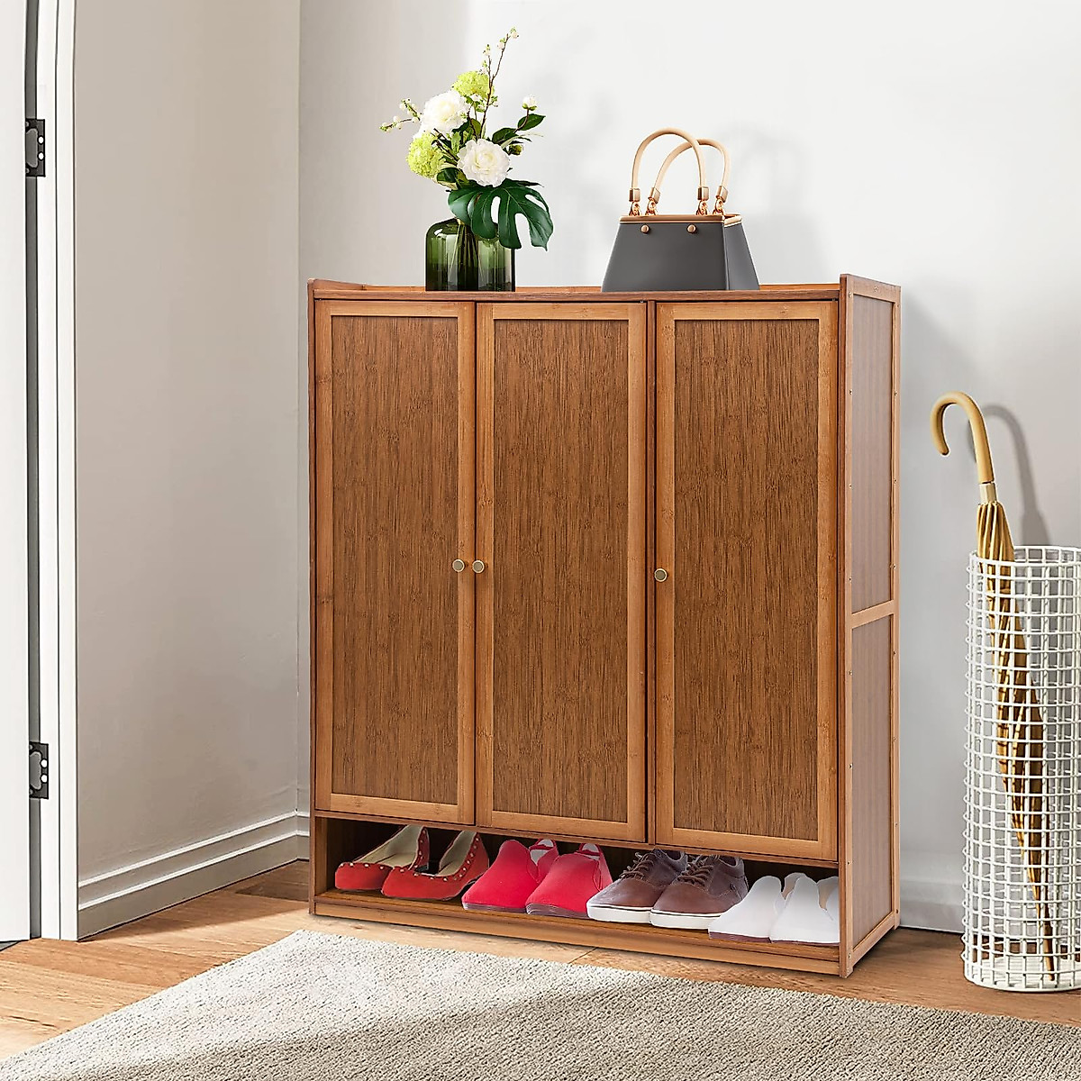 HYYKJ-US Modern Bamboo Shoe Storage Cabinet with Shutter Doors 8 Tier Freestanding Shoe Rack Shoe Floor Storage Organizer Rack for Entryway Living Room Bedroom 35.4" L×12.6" W×42.1" H