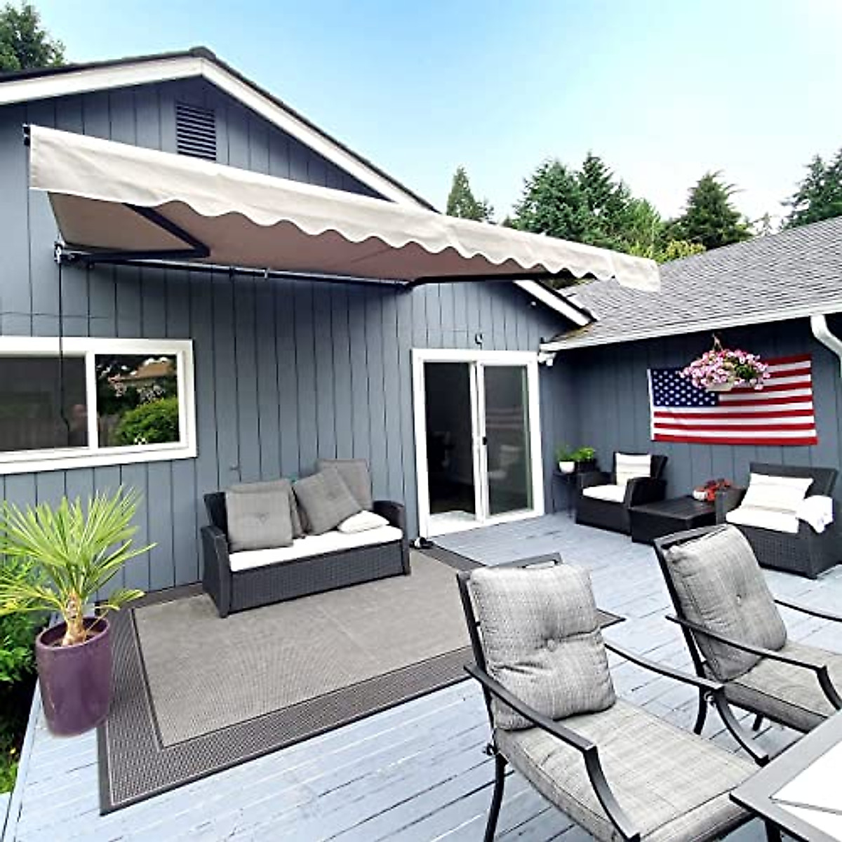 ALEKO Manual Retractable Patio Awning|10' W x 8' L Handle Crank Deck Awning| Black Frame, Polyester Water Resistant Canopy, UV Protection Sun Shade for Yard, Porch, Balcony| Ivory