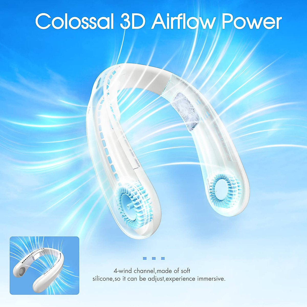 Jawhock Cooling Neck Fan, 3 Speeds Portable Neck Fan With 2 Cooling Plate, 4000 mAh Rechargeable Battery Powered Personal Bladeless Fan for Men Women-Blue