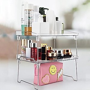 2 Tier Makeup Organizer Perfume Organizer Acrylic Bathroom Organizer Countertop Makeup and Perfume Organizer Collapsible Makeup Shelf Organizer for Vanity, Bathroom Counter, Kitchen Cabinets (Clear)