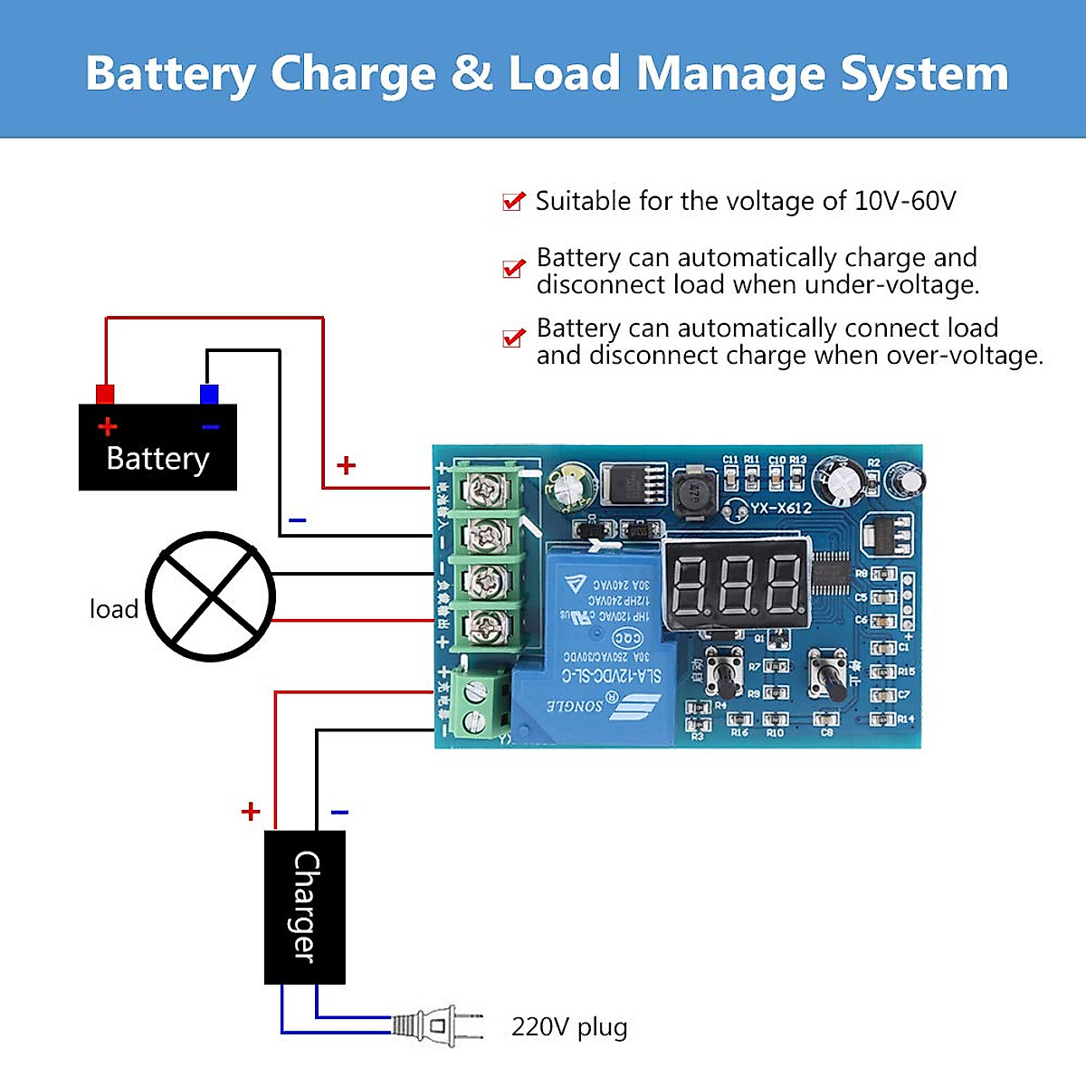 12V Battery Charging Controller Undervoltage Control Module Regulator Low Voltage Cut Off Switch