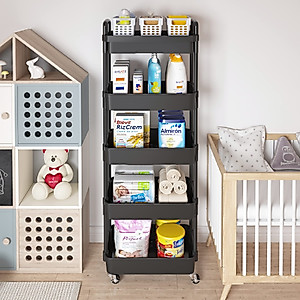 Calmootey 5-Tier Rolling Utility Cart with Drawer,Multifunctional Storage Organizer with Plastic Shelf & Metal Wheels,Storage Cart for Kitchen,Bathroom,Living Room,Office,Black