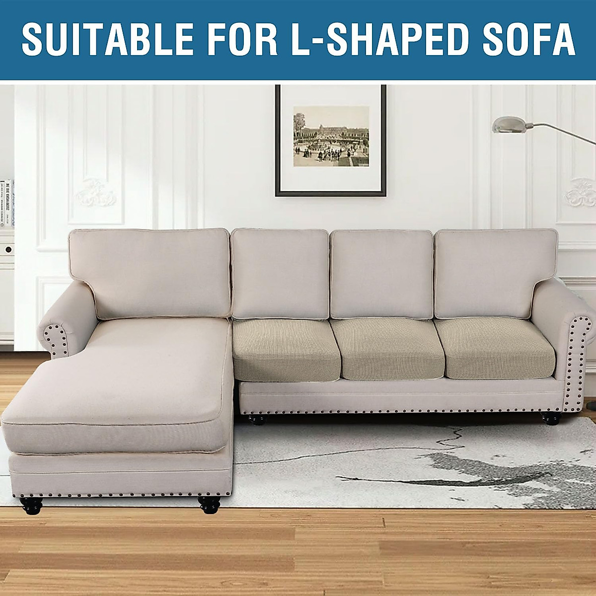 H.VERSAILTEX Super Stretch Individual Seat Cushion Covers Sofa Covers Couch Cushion Covers Slipcover Sets Thick Jacquard Textured Twill Fabric (3 Piece Sofa Cushion Covers, Island Fossi)