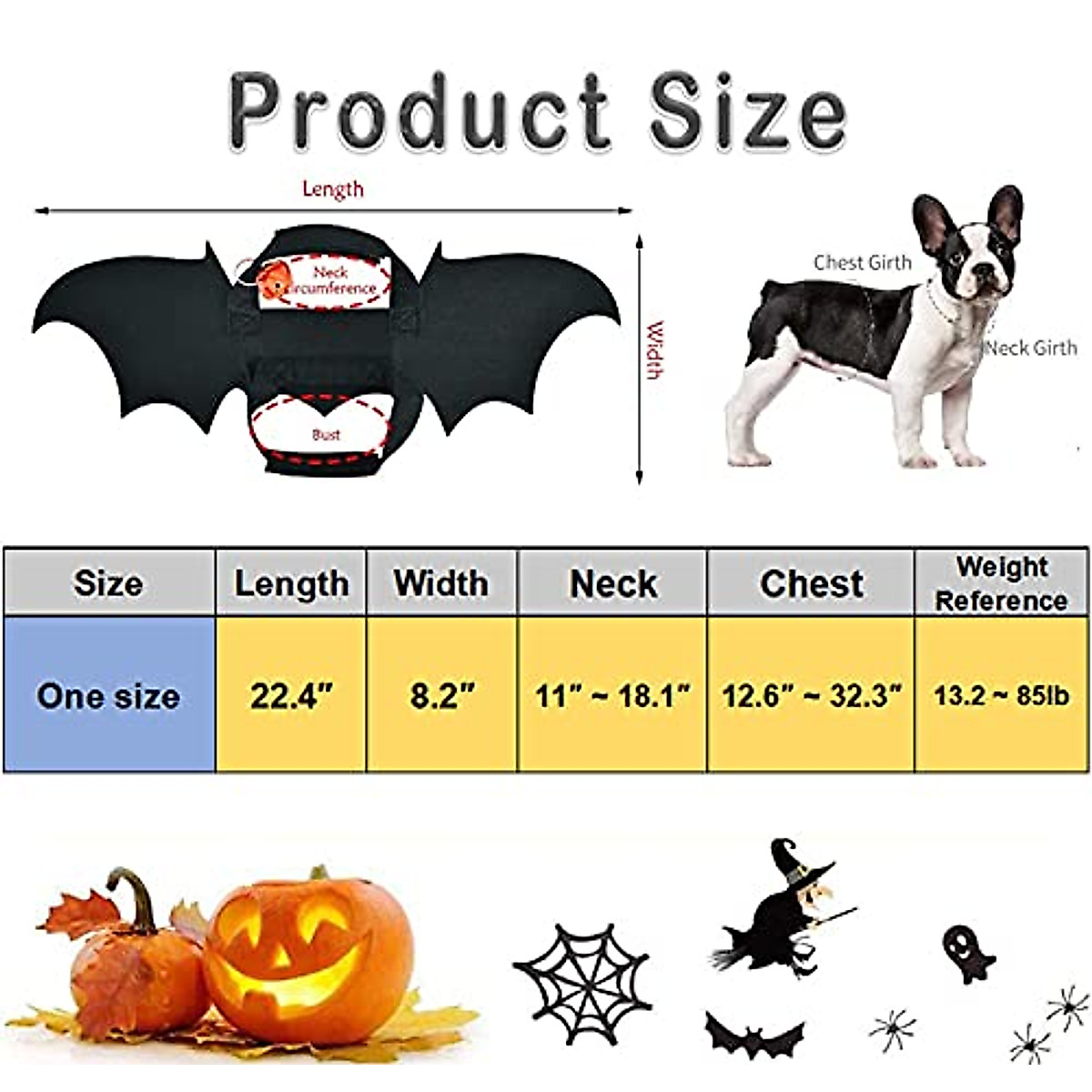 Halloween Dog Costume Pet Bat Wings Funny Cosplay Apparel Puppy Costumes for Medium Large Dogs Outfit, Adjustable Bat Wing with Dog Leash and Pumpkin Bells (Black, Under 80 pounds)