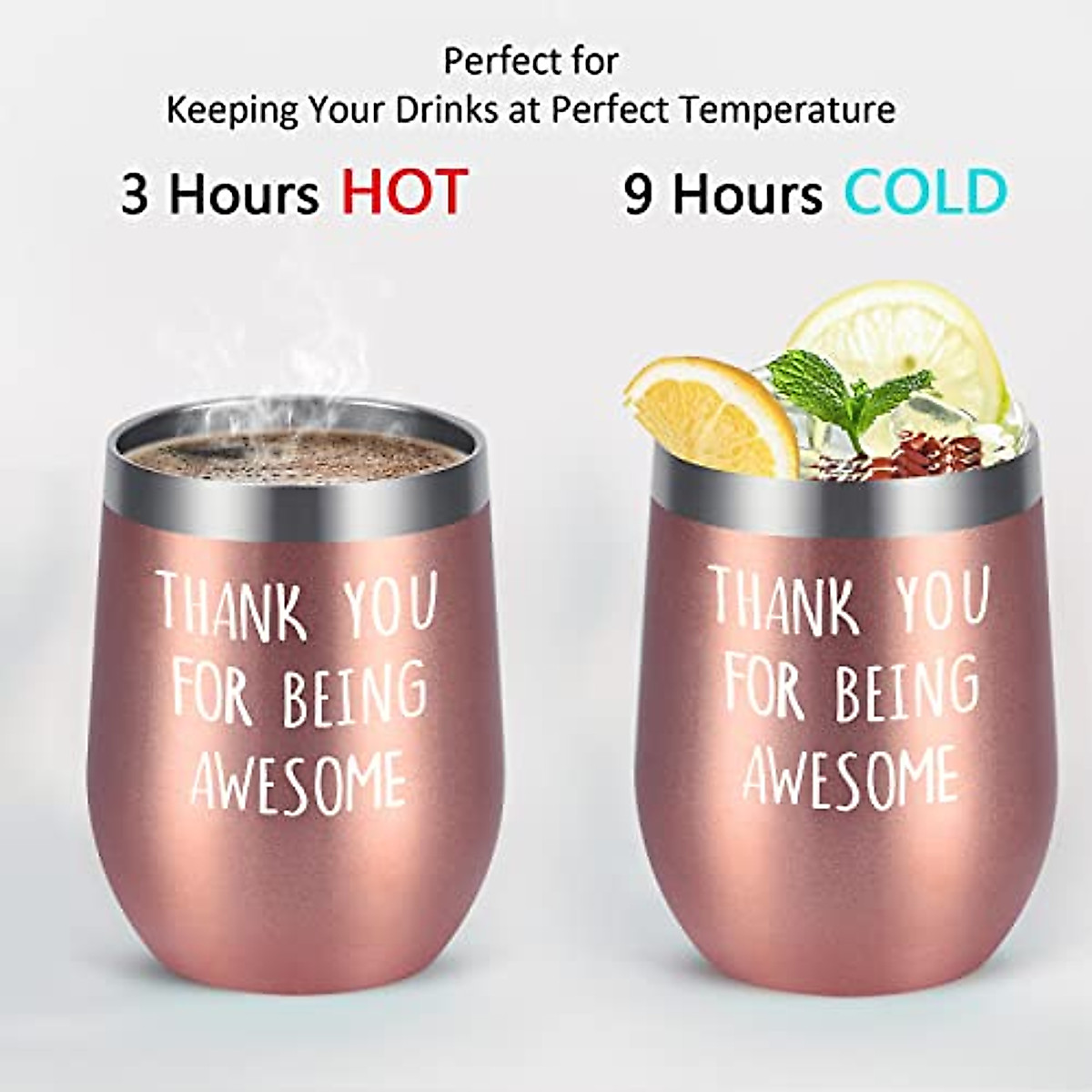 Thank You Gifts, Thank You for Being Awesome Wine Tumbler Set of 4, Inspirational Appreciation Birthday Gifts for Women Coworker Friends Teacher Her, Insulated Stainless Steel Tumbler(12oz, Rose Gold)